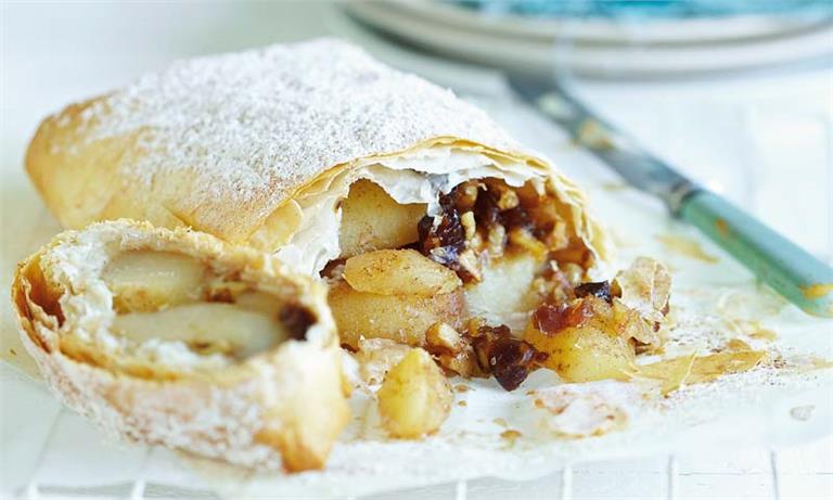 Healthy spiced pear and date strudel
