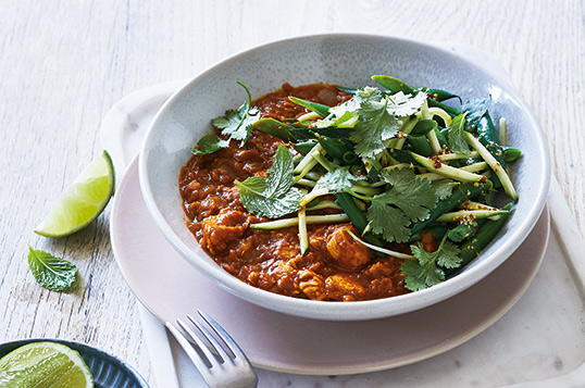 Easy chicken dhal and herbed greens